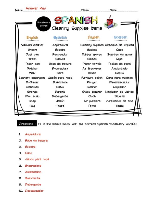 Spanish Cleaning Supplies Vocabulary Word List Worksheet & Answer Key ...