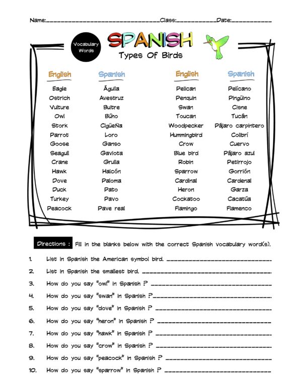 Spanish Birds Vocabulary Word List Worksheet & Answer Key | Made By ...