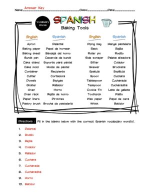 Spanish Baking Tools Vocabulary Word List Worksheet & Answer Key | Made ...