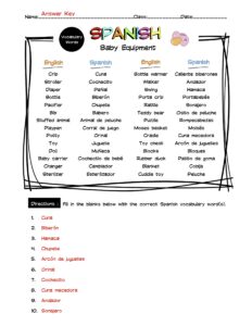 Spanish Baby Equipment Vocabulary Word List Worksheet & Answer Key ...