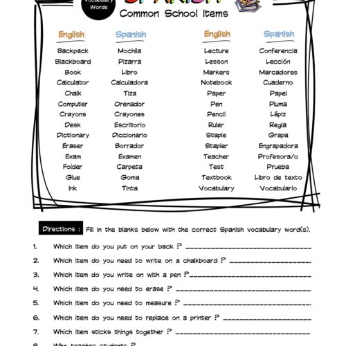 Spanish Common School Items Vocabulary Word List Worksheet & Answer Key ...