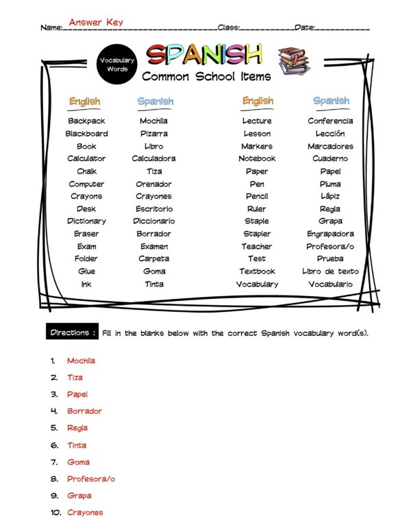 Spanish Common School Items Vocabulary Word List Worksheet & Answer Key ...