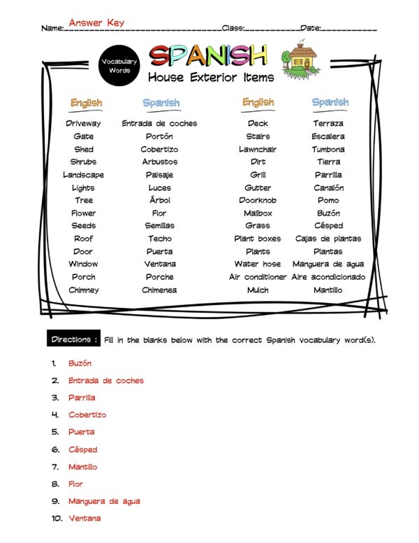 Spanish House Exterior Vocabulary Word List Worksheet & Answer Key ...