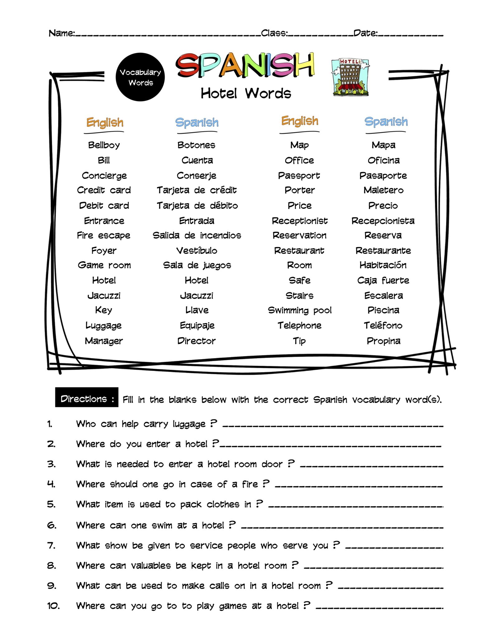 Spanish Hotel Vocabulary Word List Worksheet Answer Key Made By