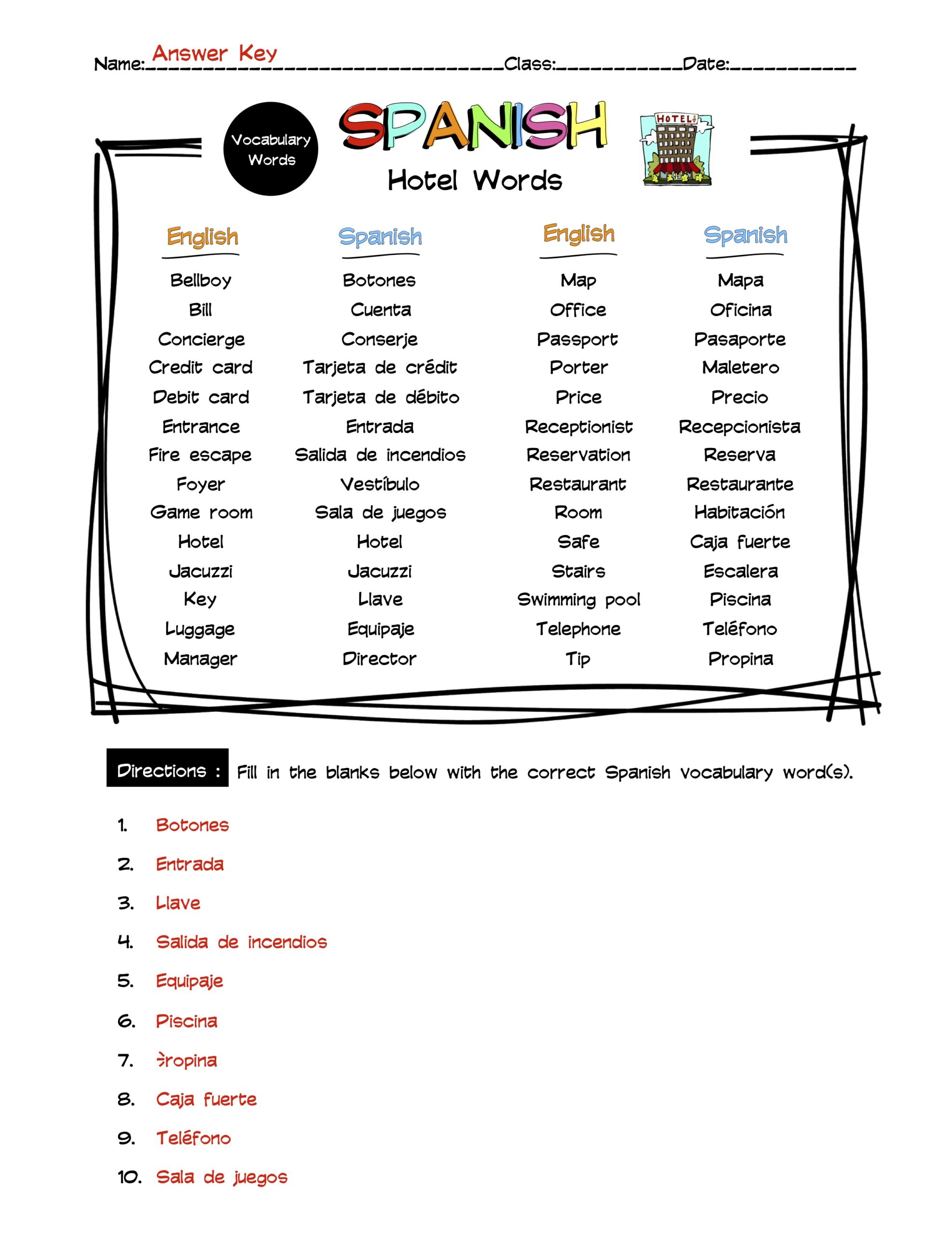 Spanish Hotel Vocabulary Word List Worksheet & Answer Key | Made By ...