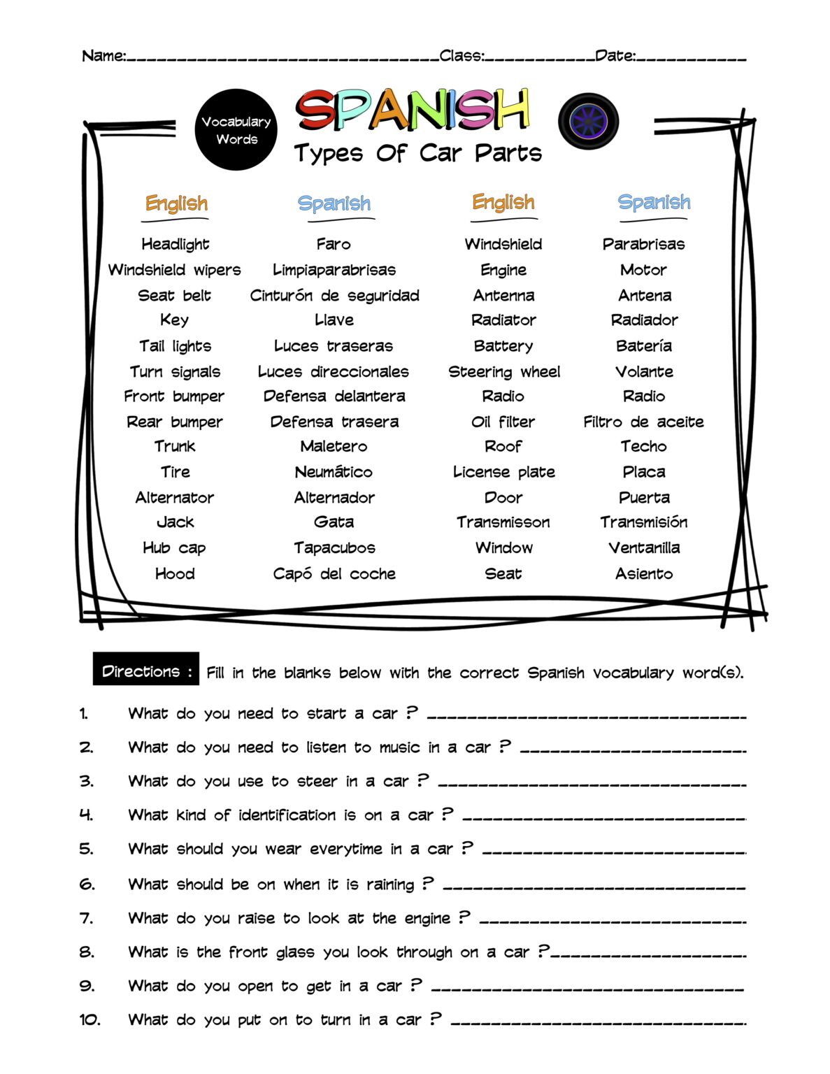 Spanish Car Parts Vocabulary Word List Worksheet & Answer Key | Made By ...