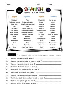 Spanish Car Parts Vocabulary Word List Worksheet & Answer Key | Made By ...