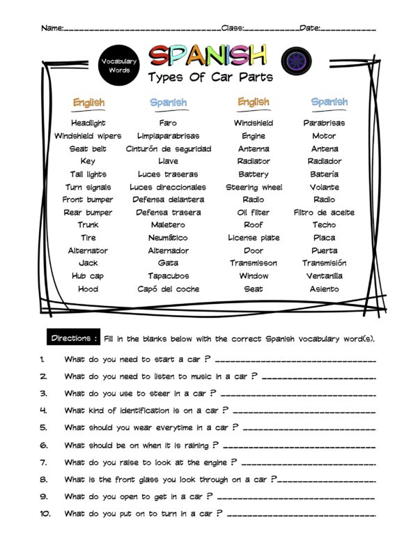 Spanish Car Parts Vocabulary Word List Worksheet & Answer Key | Made By ...