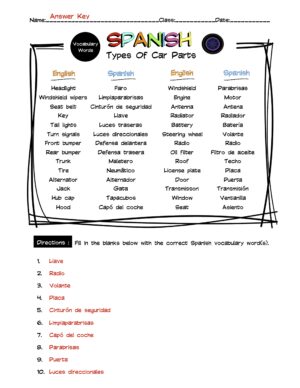 Spanish Car Parts Vocabulary Word List Worksheet & Answer Key | Made By ...