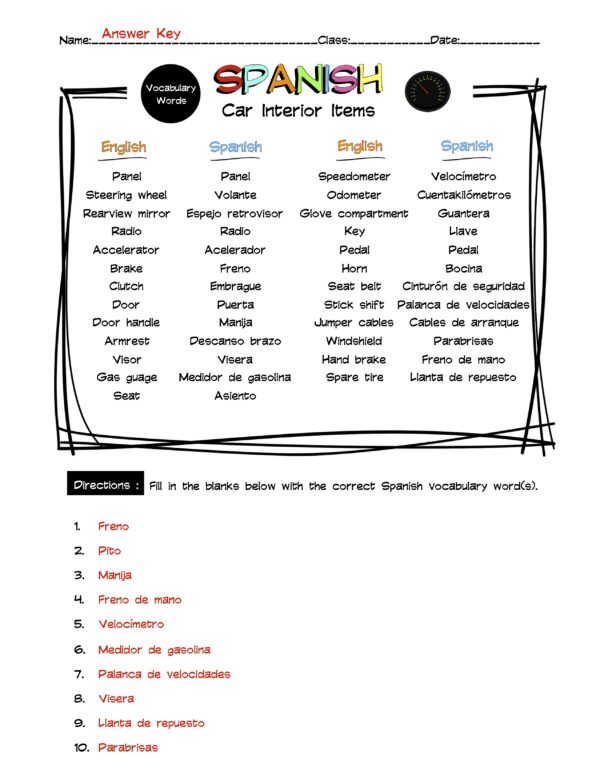 Spanish Car Interior Vocabulary Word List Worksheet & Answer Key | Made ...
