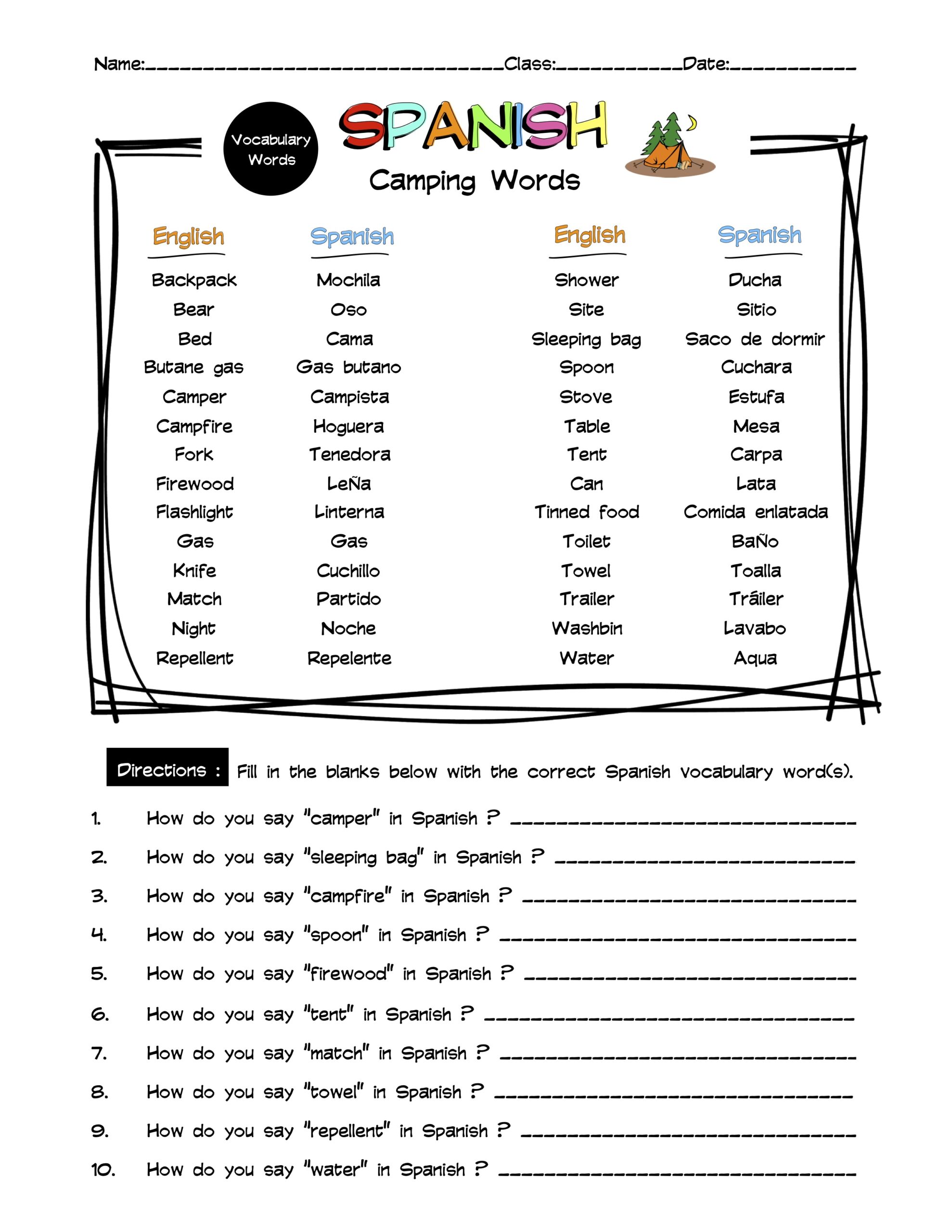 Spanish Camping Words Vocabulary Word List Worksheet & Answer Key ...