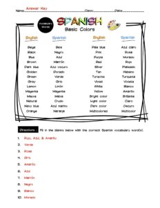Spanish Basic Colors Vocabulary Word List Worksheet & Answer Key | Made ...