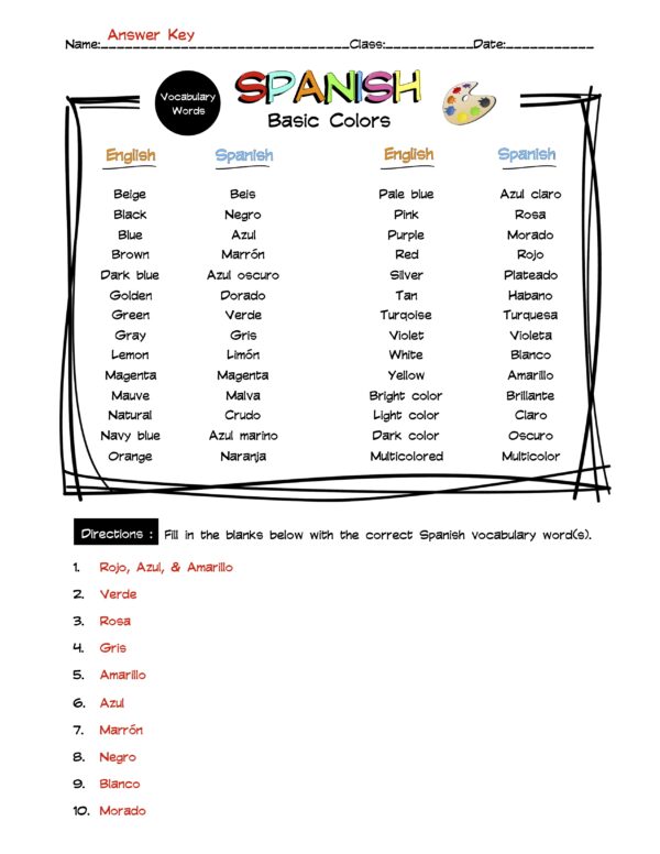 Spanish Basic Colors Vocabulary Word List Worksheet & Answer Key | Made ...