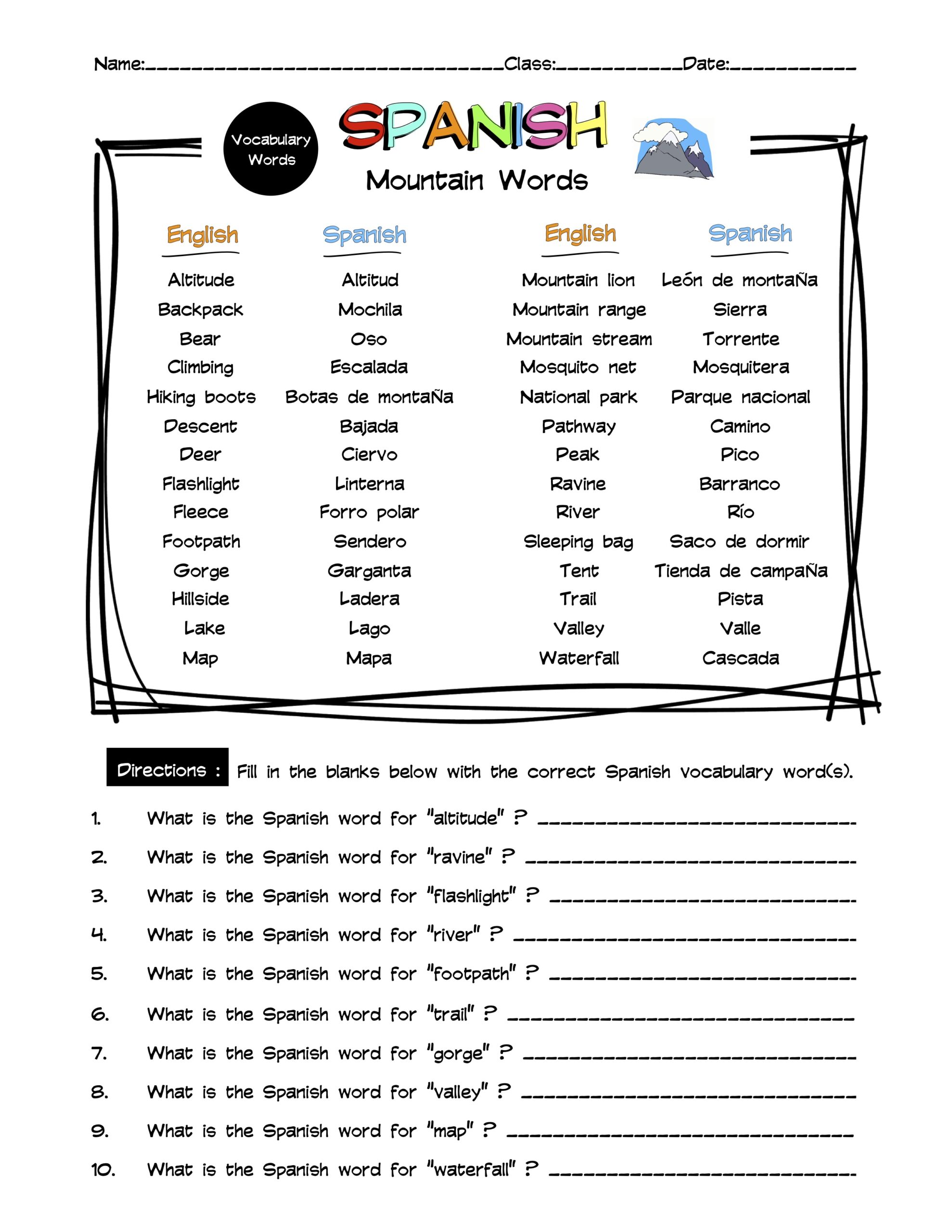 Spanish Mountain Vocabulary Word List Worksheet & Answer Key | Made By ...