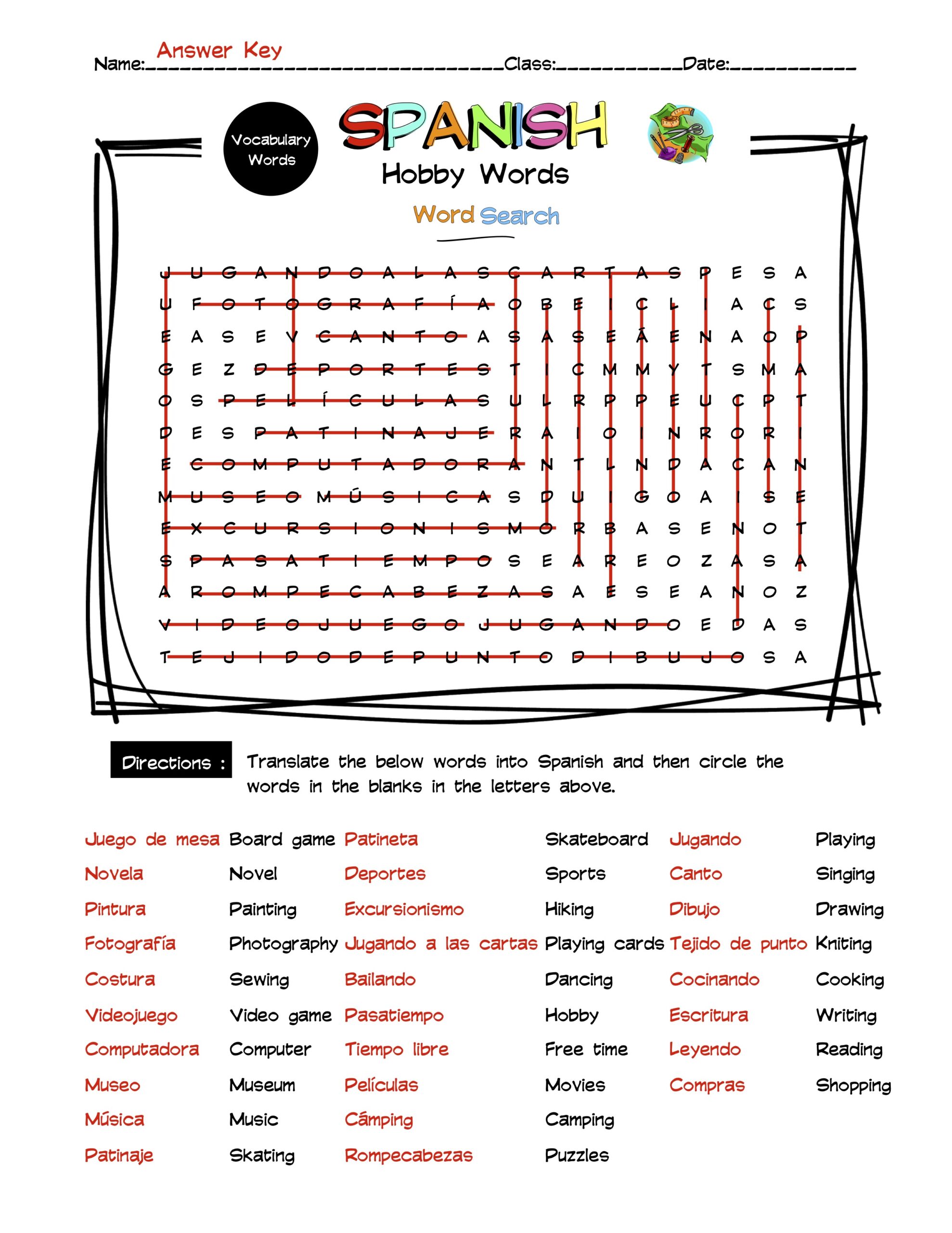 Spanish Hobby & Free Time Vocabulary Word Search & Answer Key | Made By ...