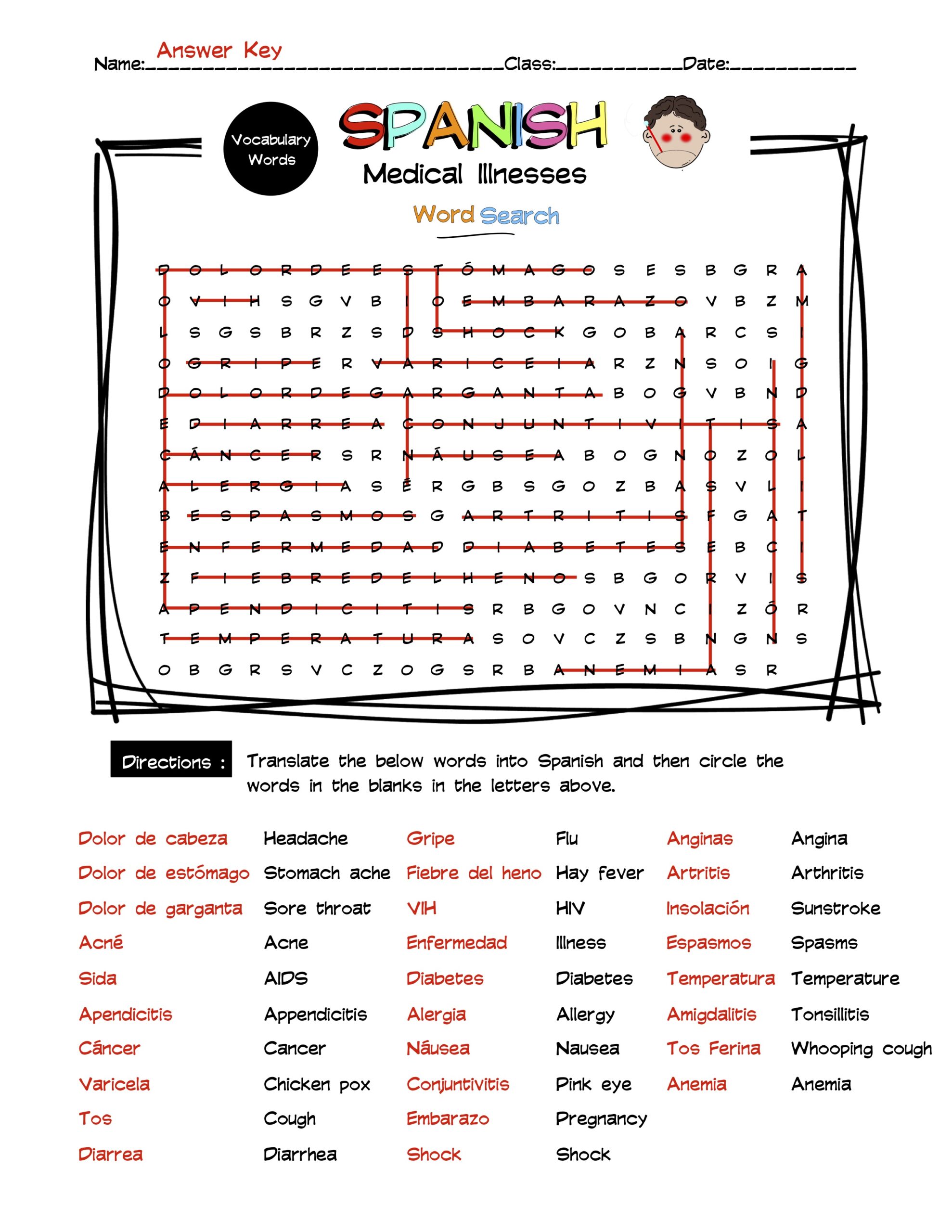 Spanish Medical Illnesses Vocabulary Word Search & Answer Key | Made By ...
