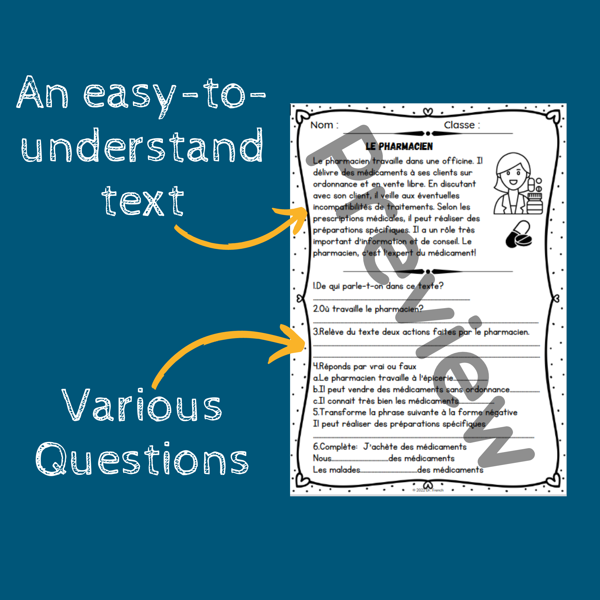 Le Pharmacien. French Reading Comprehension Activity For Beginners ...