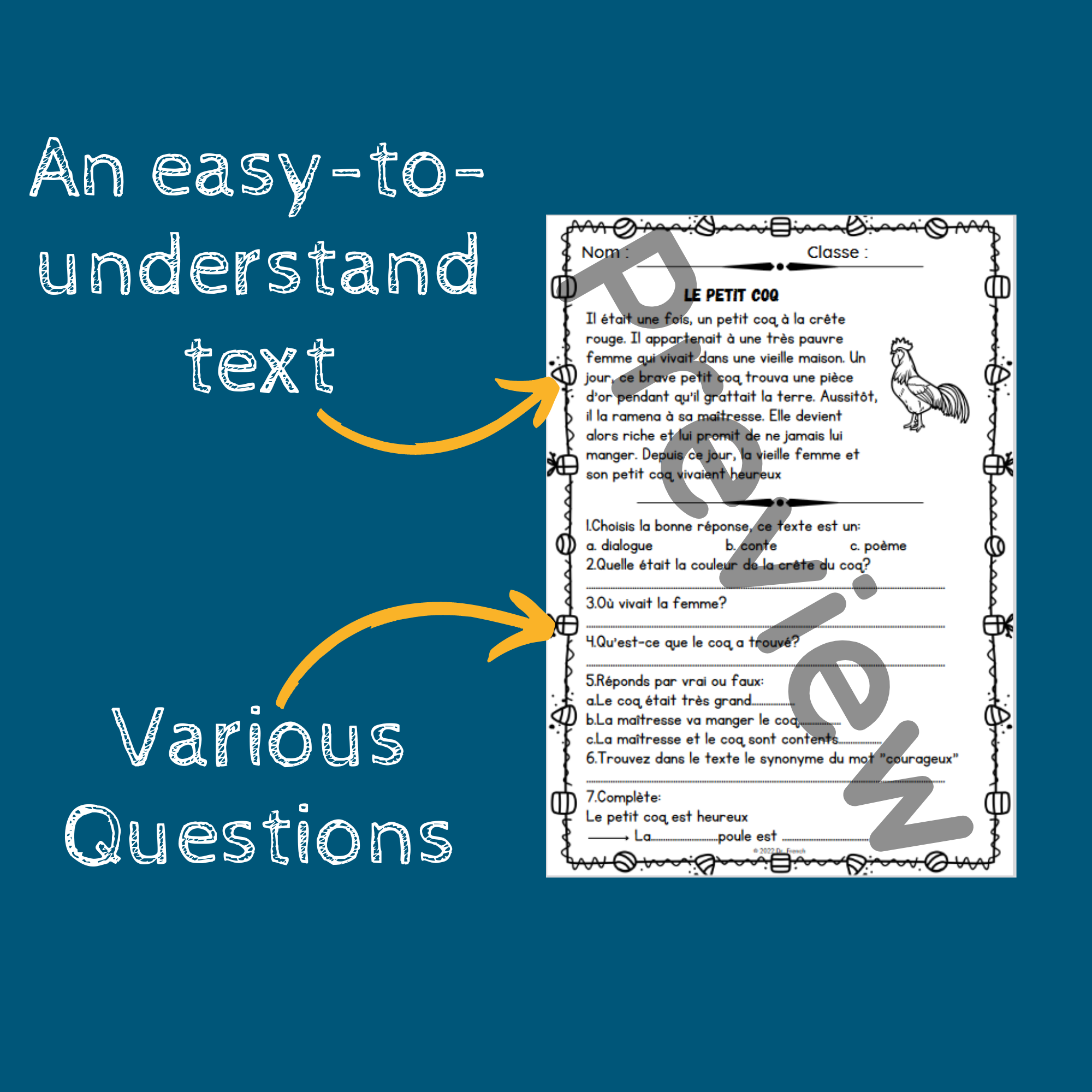 Le Petit Coq. French Tale Reading Comprehension Activity For Beginners ...