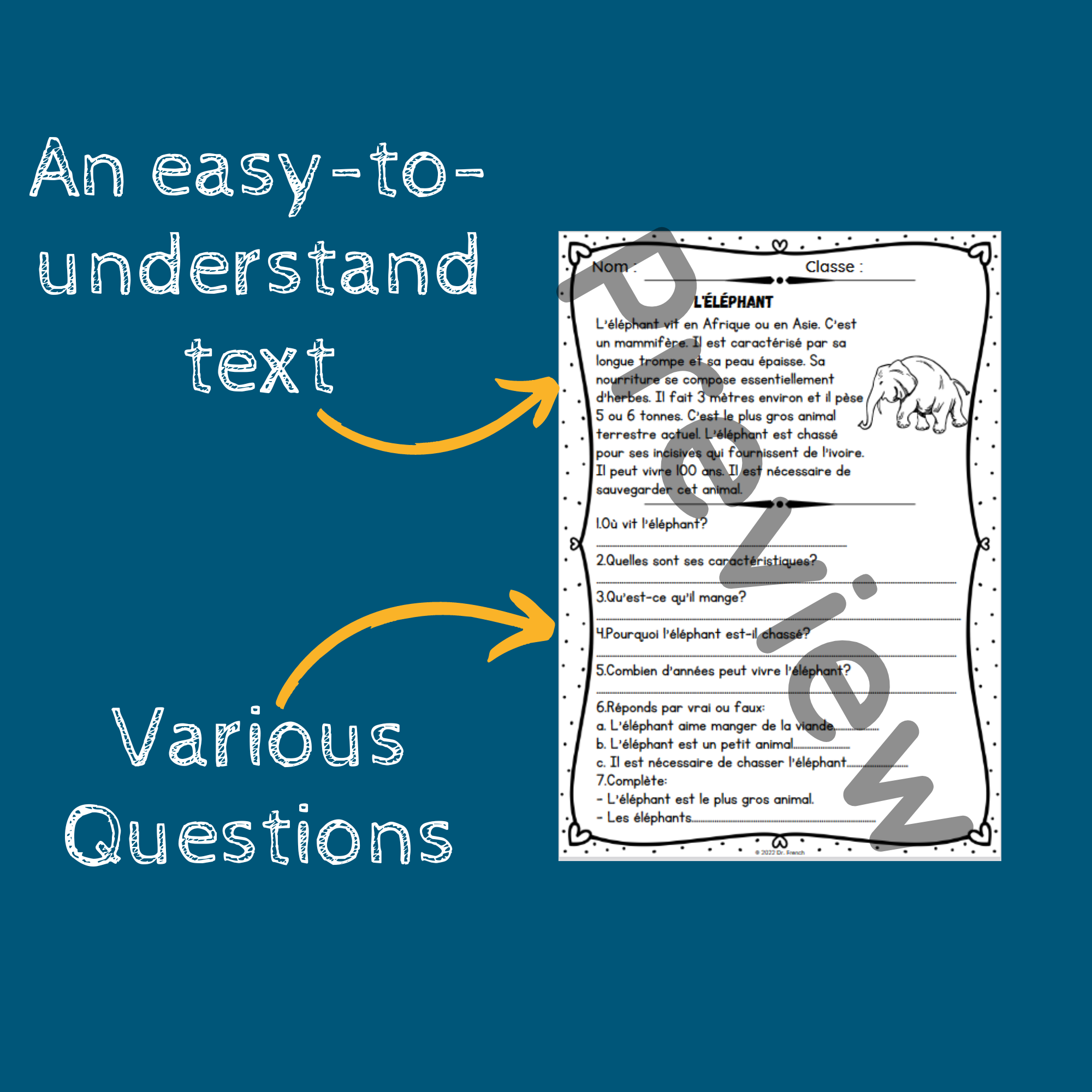 L'Éléphant. French Reading Comprehension Activity For Beginners. Les ...