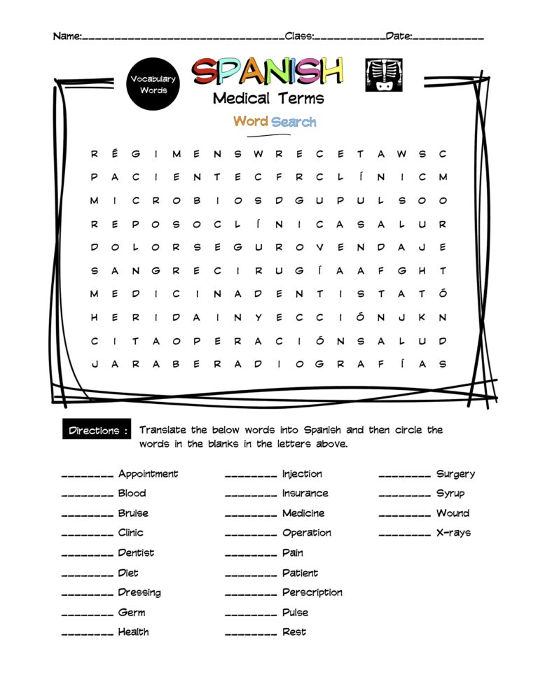 Spanish Medical Terms Vocabulary Word Search & Answer Key | Made By ...