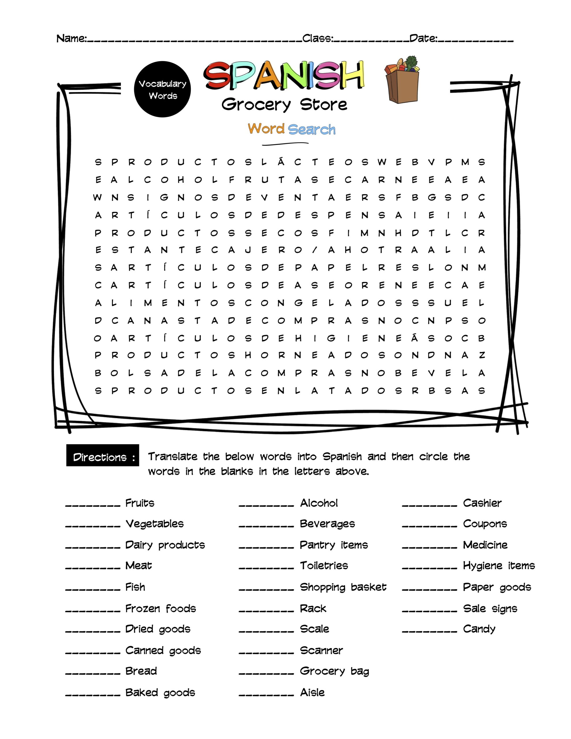 Spanish Grocery Store Vocabulary Word Search & Answer Key | Made By ...