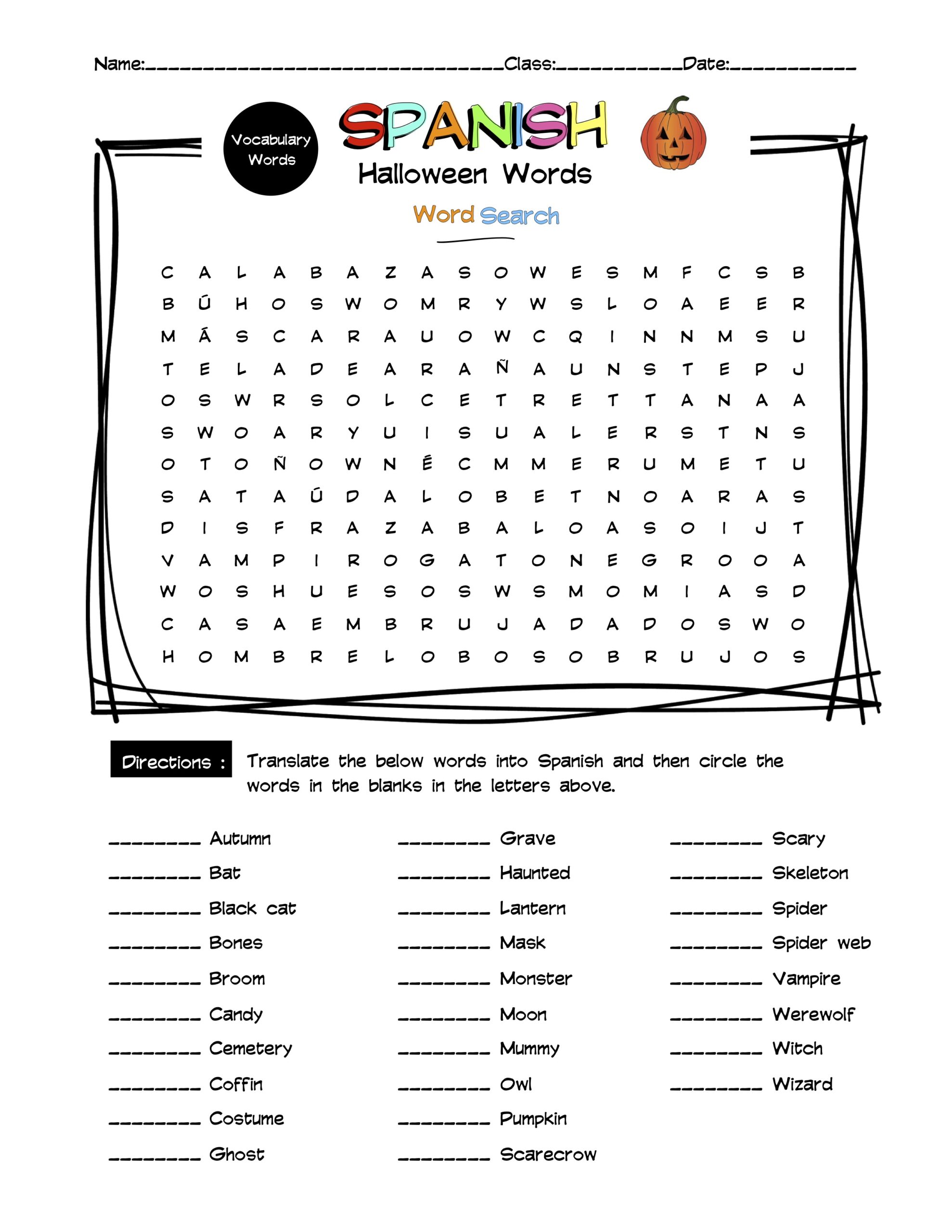Spanish Halloween Vocabulary Word Search Answer Key Made By Teachers