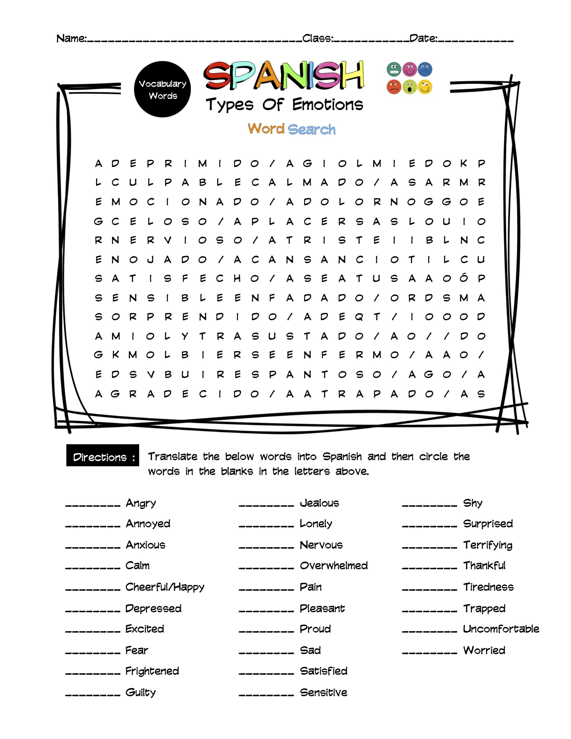 Spanish Emotions Vocabulary Word Search Answer Key Made By Teachers