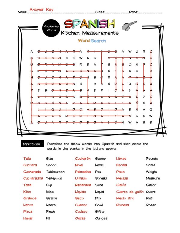 Spanish Kitchen Measurement Vocabulary Word Search & Answer Key | Made ...