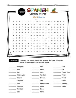 Spanish Camping Vocabulary Word Search & Answer Key | Made By Teachers