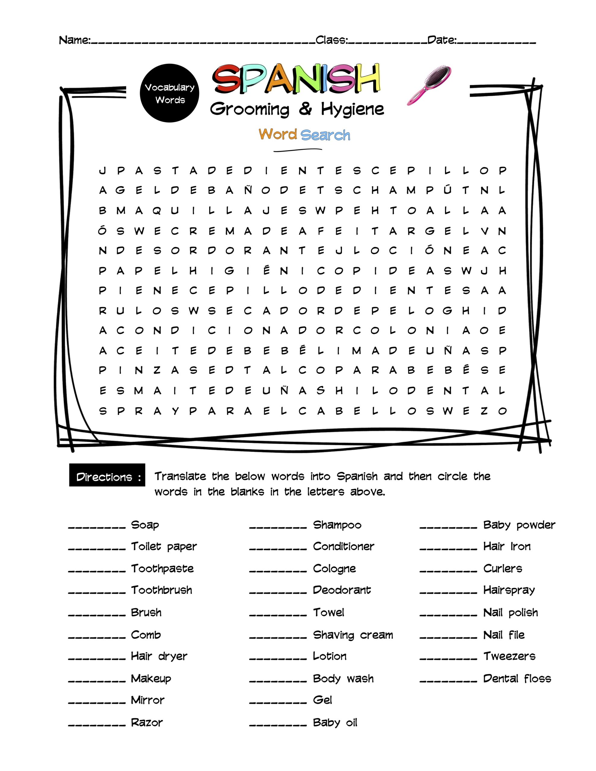 Spanish Grooming & Hygiene Vocabulary Word Search & Answer Key | Made ...