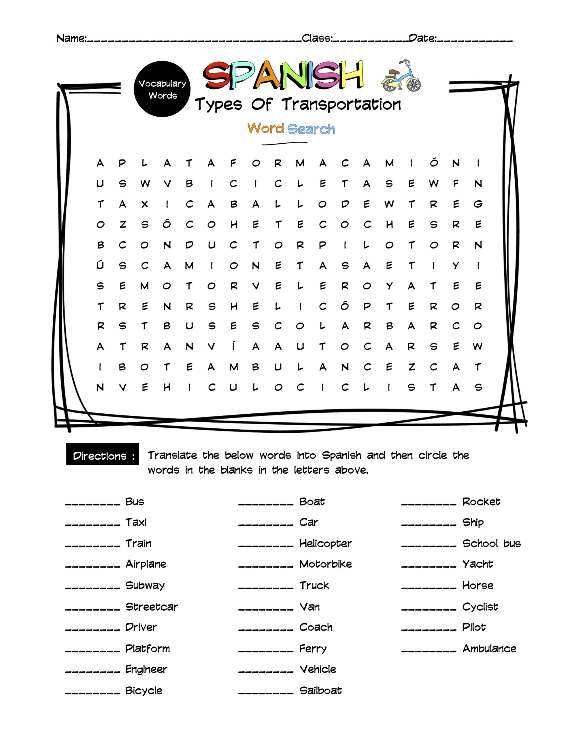 Spanish Types Of Transportation Vocabulary Word Search & Answer Key ...