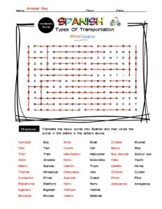 Spanish Types Of Transportation Vocabulary Word Search & Answer Key ...
