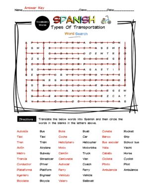 Spanish Types Of Transportation Vocabulary Word Search & Answer Key ...