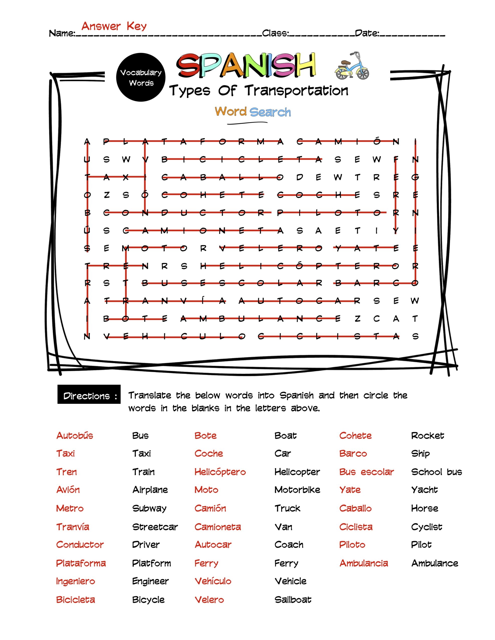 Spanish Types Of Transportation Vocabulary Word Search & Answer Key ...