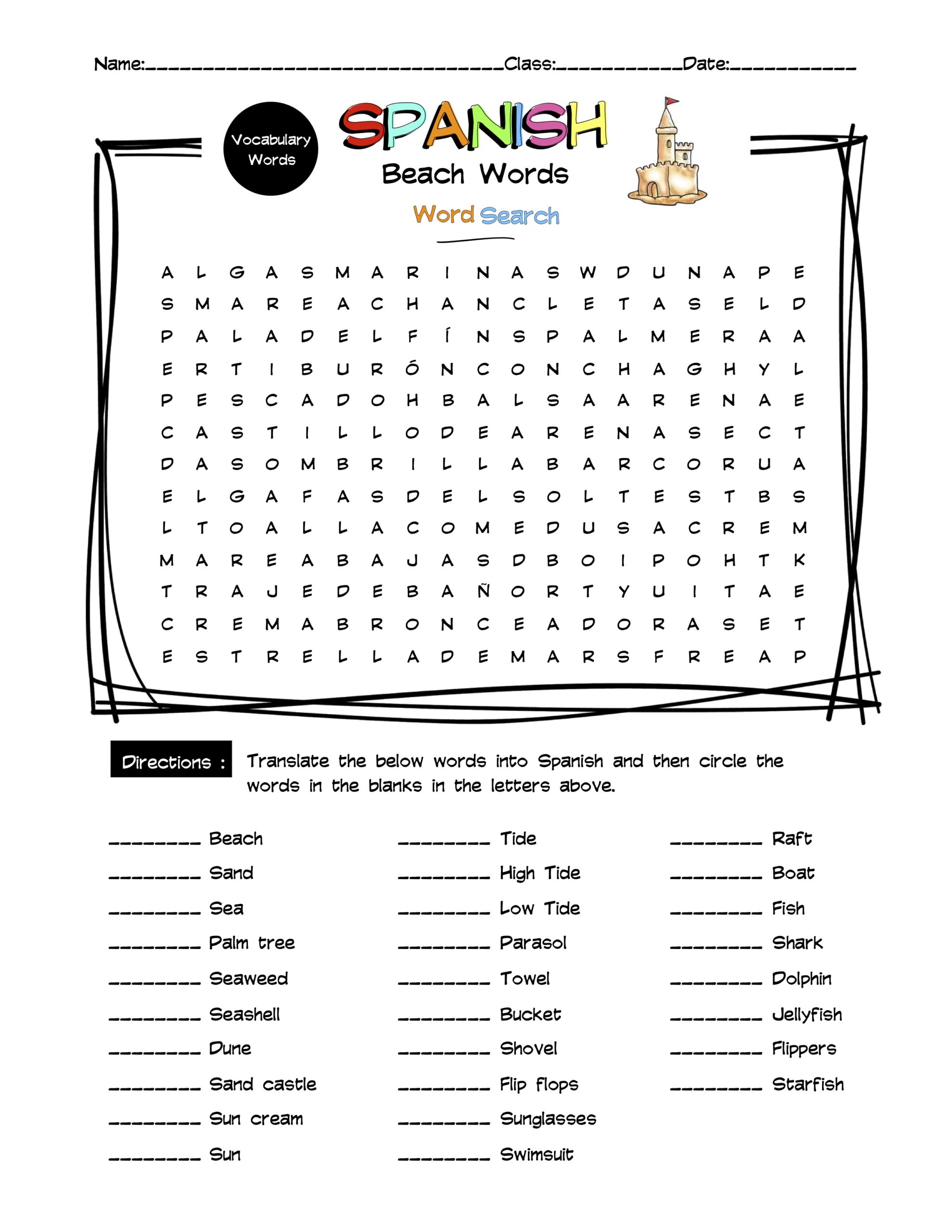 Spanish Beach Vocabulary Word Search & Answer Key | Made By Teachers