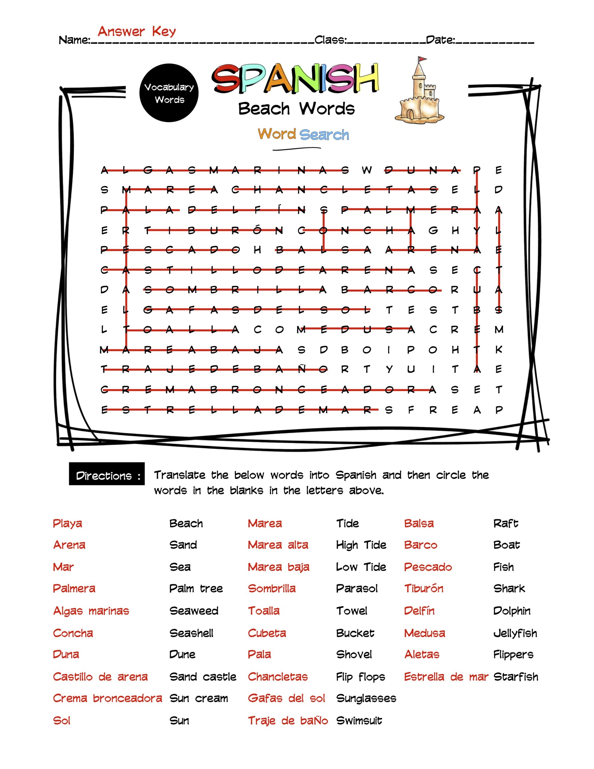 Spanish Beach Vocabulary Word Search & Answer Key | Made By Teachers