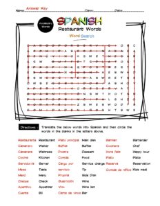 Spanish Restaurant Vocabulary Word Search & Answer Key | Made By Teachers