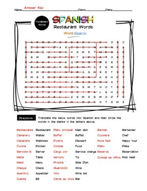 Spanish Restaurant Vocabulary Word Search & Answer Key | Made By Teachers
