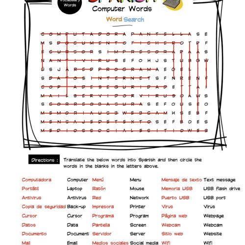 Spanish Computer Vocabulary Word Search & Answer Key | Made By Teachers