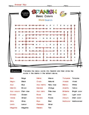 Spanish Colors Vocabulary Word Search & Answer Key - Made By Teachers