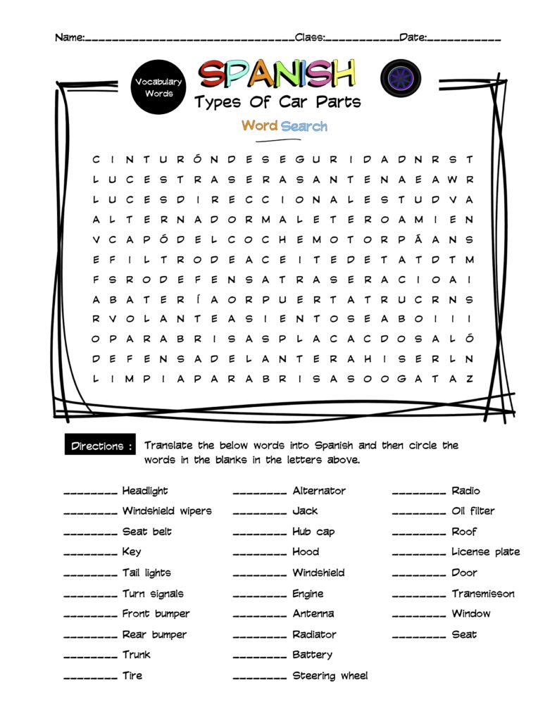 Spanish Car Parts Vocabulary Word Search & Answer Key - Made By Teachers