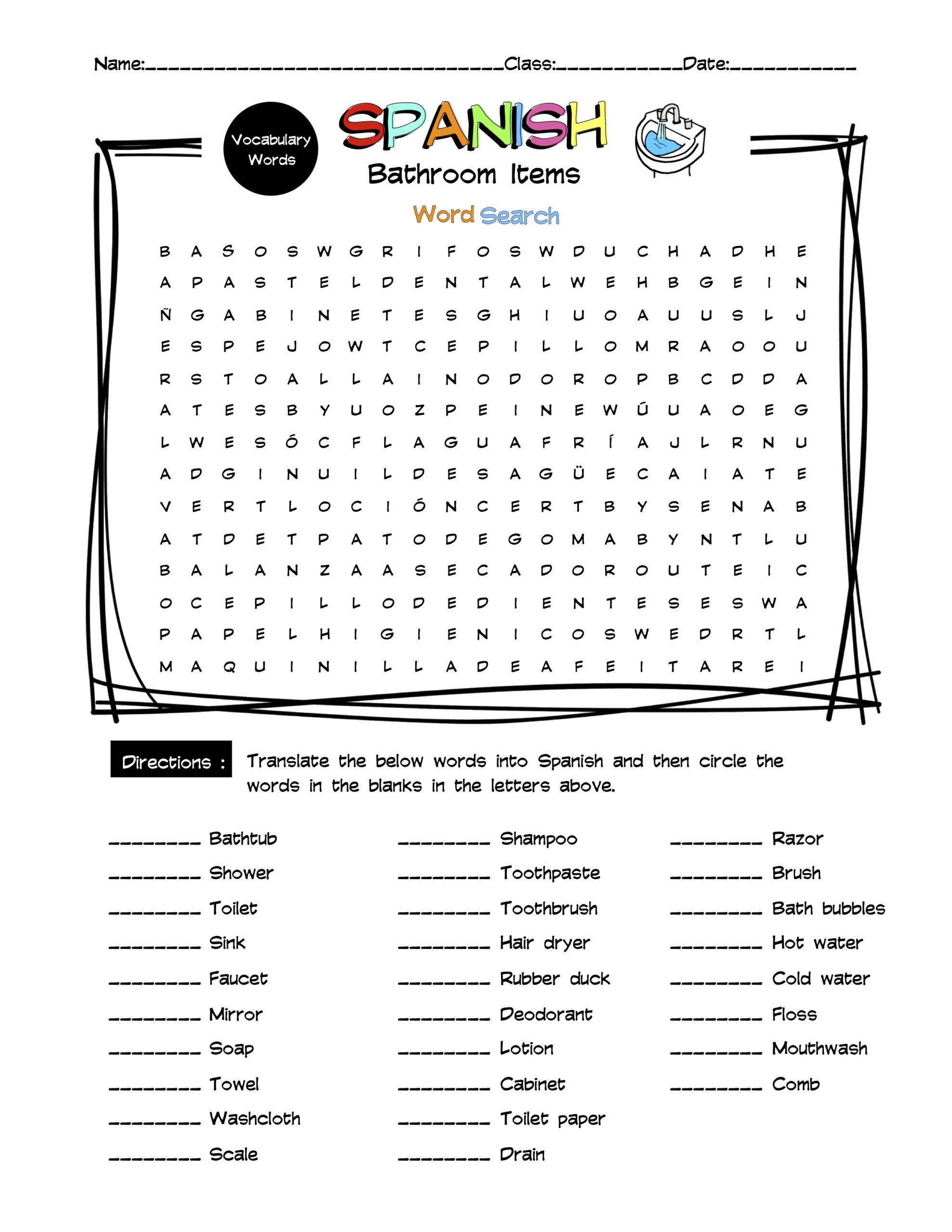 Spanish Bathroom Items Vocabulary Word Search & Answer Key | Made By ...