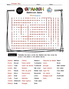 Spanish Bathroom Items Vocabulary Word Search & Answer Key | Made By ...