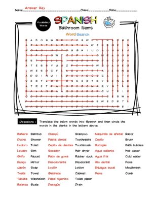 Spanish Bathroom Items Vocabulary Word Search & Answer Key | Made By ...