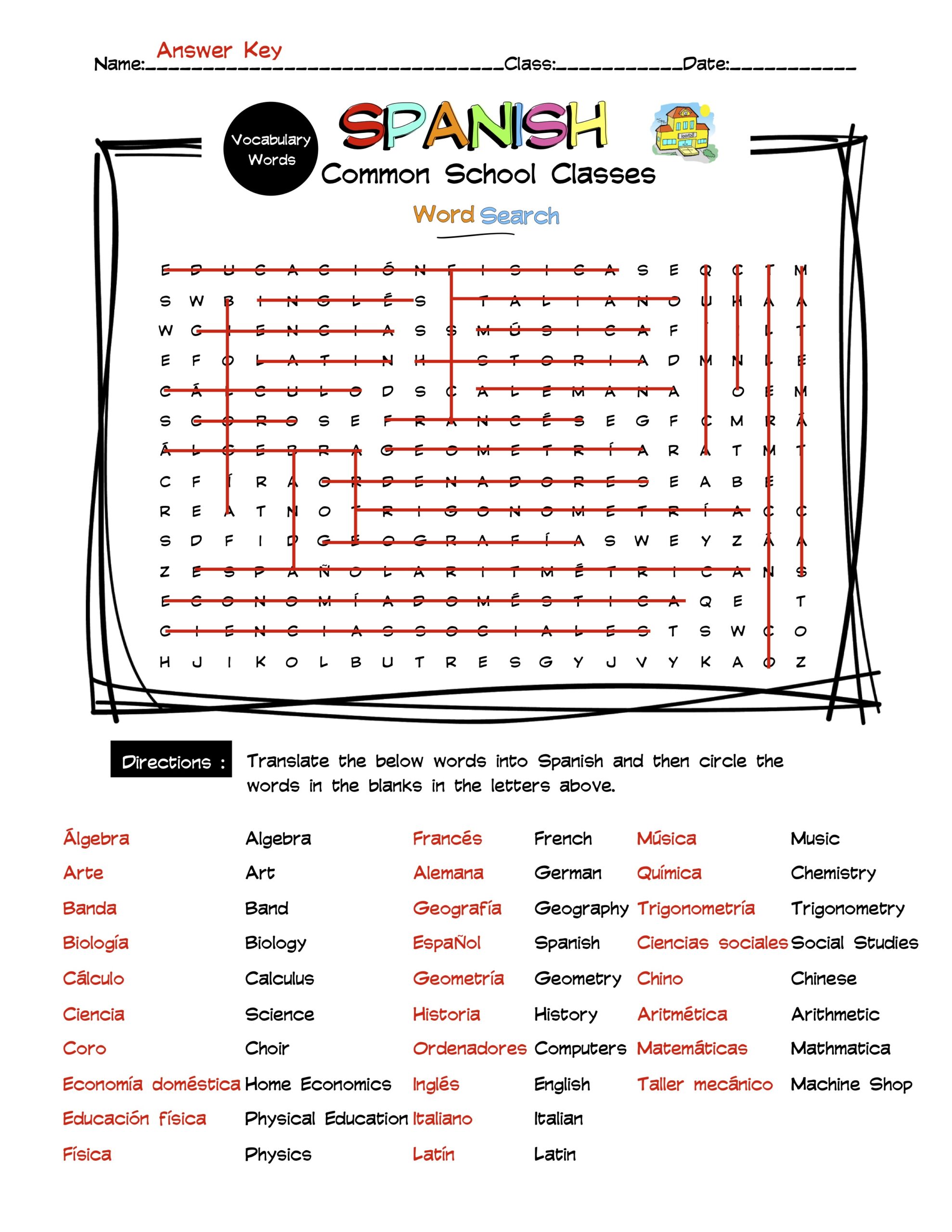 Spanish School Classes Vocabulary Word Search & Answer Key | Made By ...