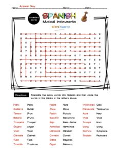 Spanish Musical Instruments Vocabulary Word Search & Answer Key | Made ...