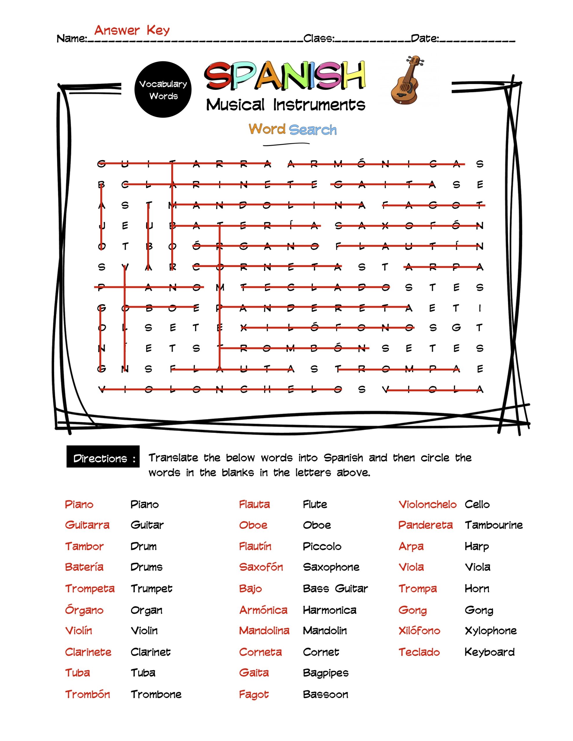 Spanish Musical Instruments Vocabulary Word Search & Answer Key | Made ...