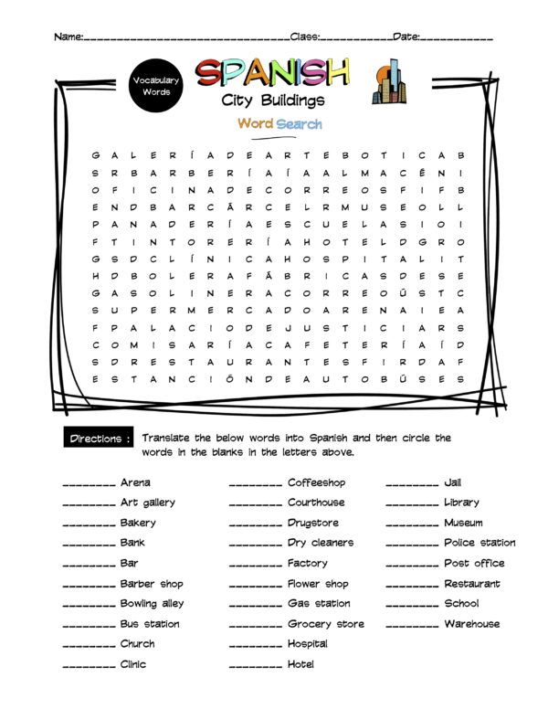Spanish City Buildings Vocabulary Word Search & Answer Key | Made By ...