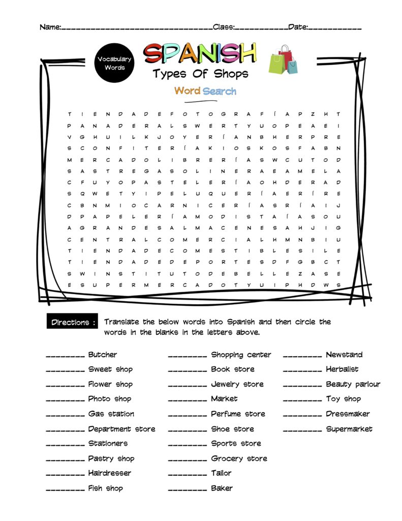 Spanish Types Of Shops Vocabulary Word Search & Answer Key | Made By ...