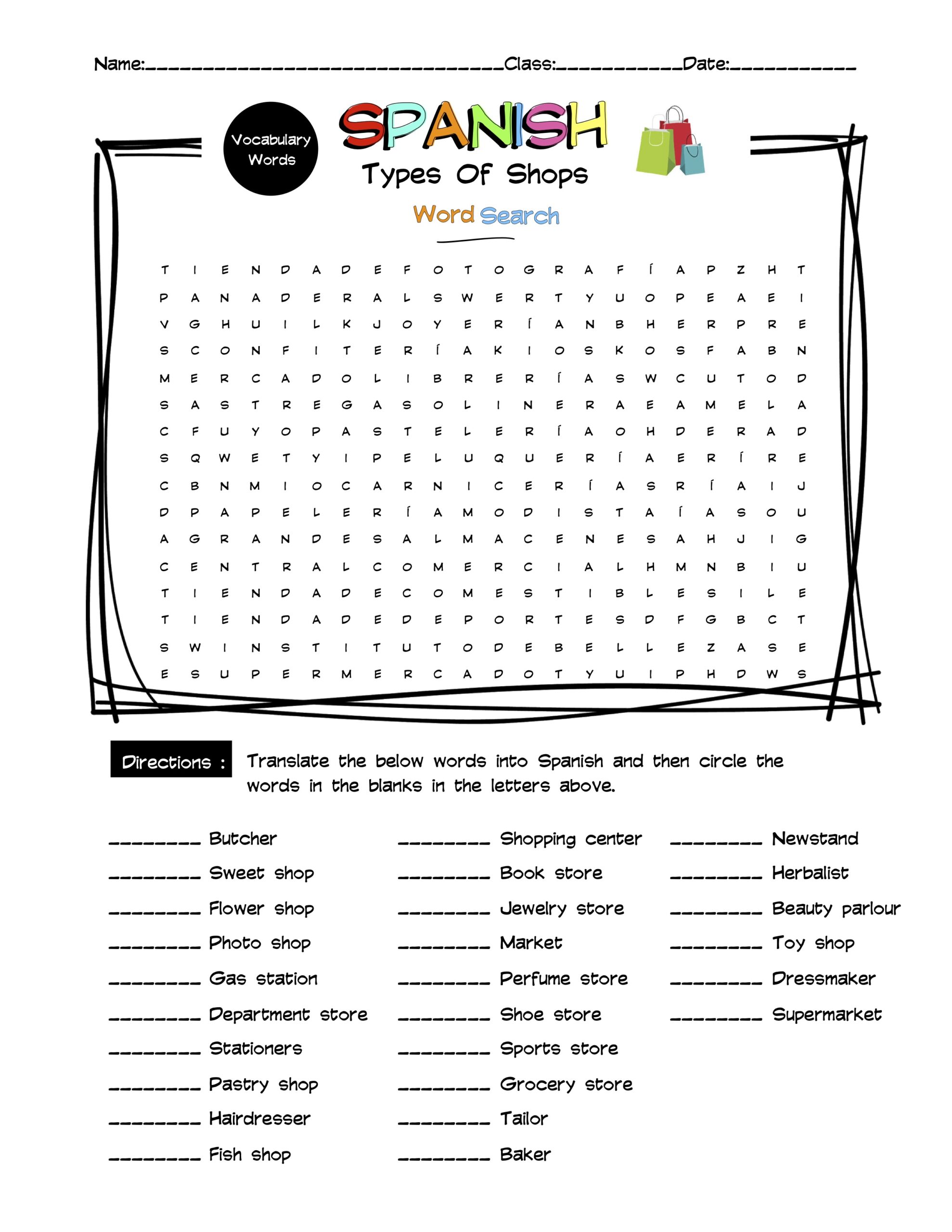Spanish Types Of Shops Vocabulary Word Search & Answer Key | Made By ...